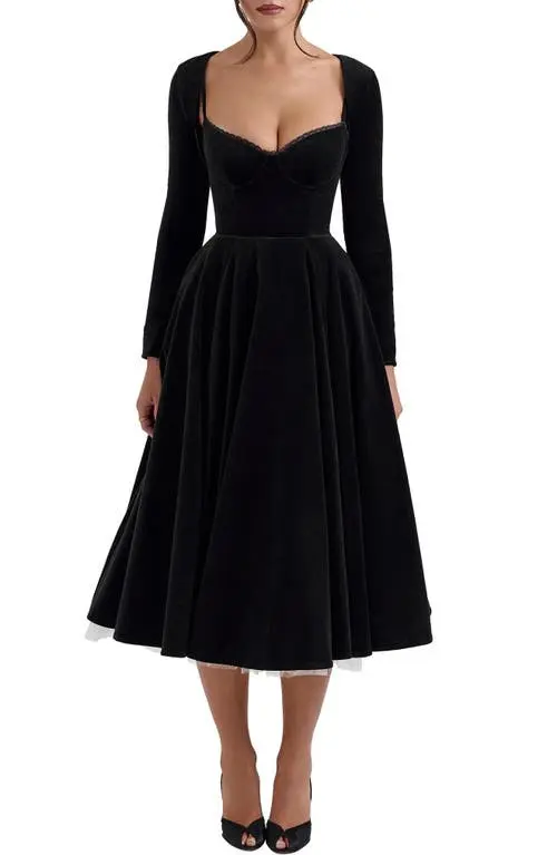 House Of Cb Mademoiselle Long Sleeve Midi Cocktail Dress - Black