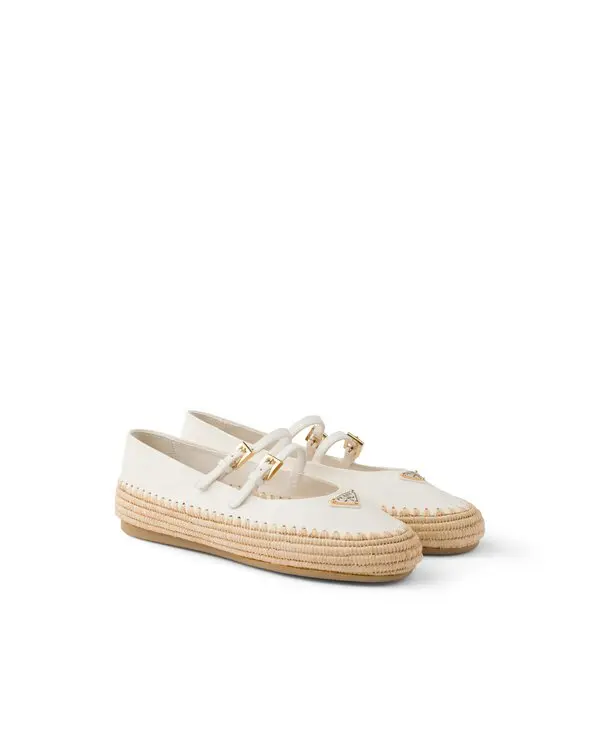 Prada Nappa Leather And Raffia Ballerinas - Neutral