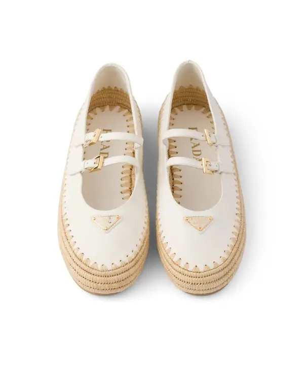 Prada Nappa Leather And Raffia Ballerinas - Neutral