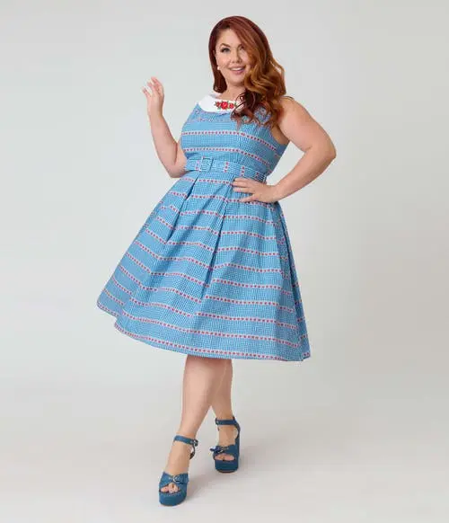 Unique Vintage 1960s Dancing Doll Swing Dress - Blue Gingham