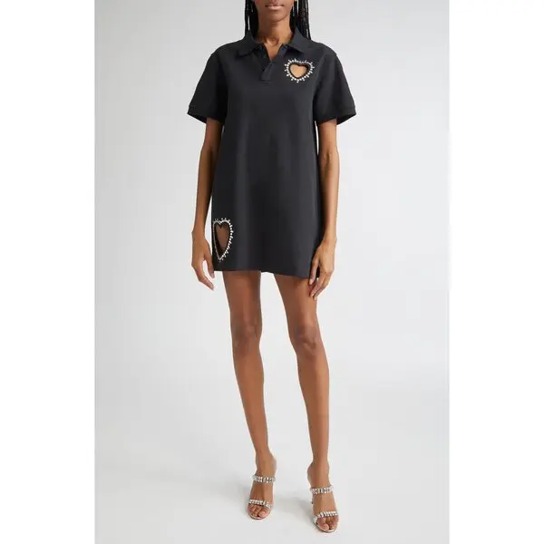 AREA Crystal Trim Heart Cutout Piqué Polo Dress