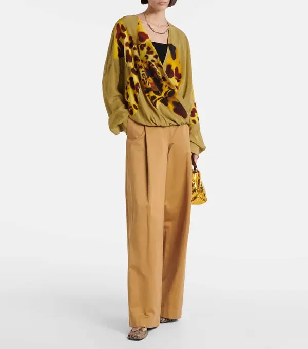 Dries Van Noten Printed Draped Satin Blouse - Green