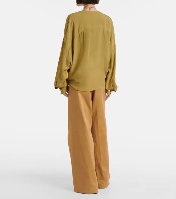 Dries Van Noten Printed Draped Satin Blouse - Green