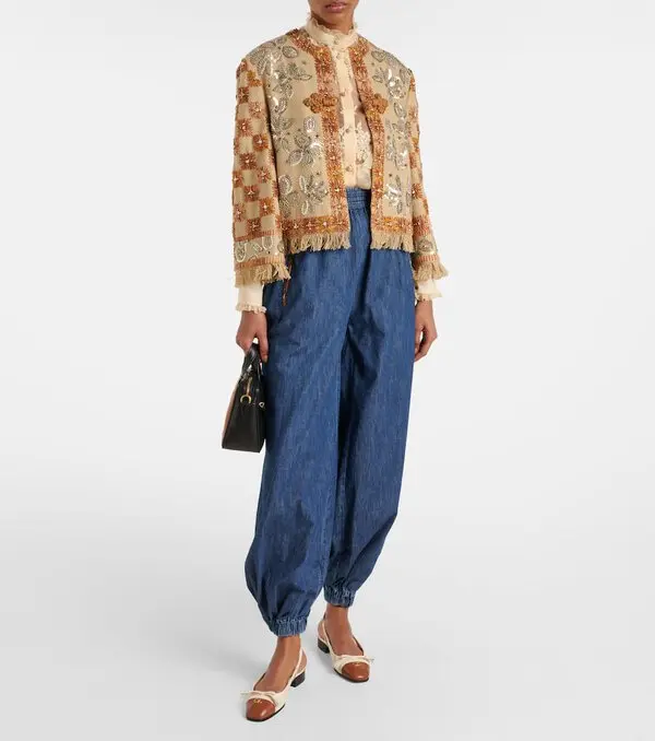 Valentino Garavani Embellished Embroidered Linen Jacket In Beige