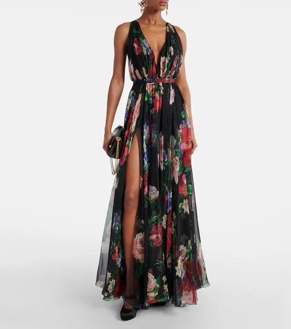 Dolce & Gabbana Floral Pleated Silk Chiffon Gown - Multicoloured