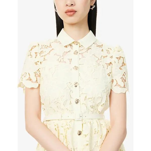 knee length dresses for ladies Yellow Satin Lace Midi Dress – self-portrait