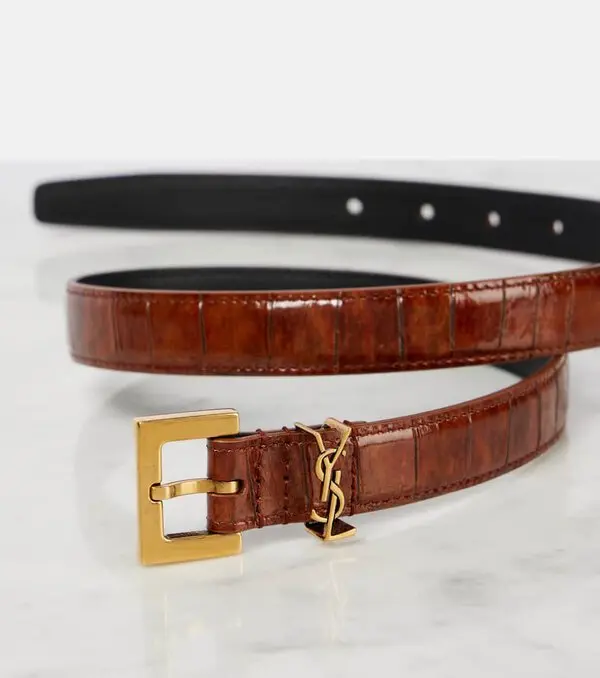 Saint Laurent Cassandre Croc-effect Leather Belt - Brown