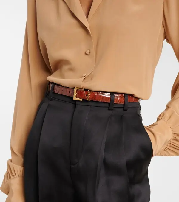 Saint Laurent Cassandre Croc-effect Leather Belt - Brown