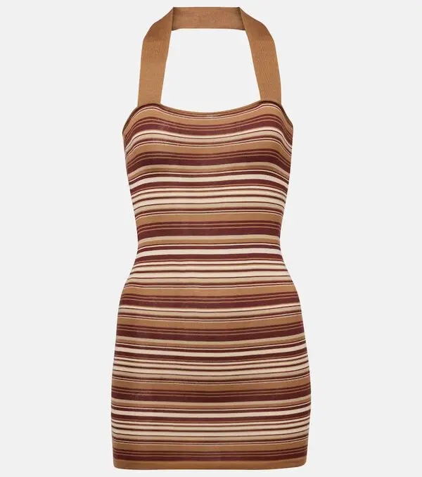 AYA MUSE Striped Silk-blend Halterneck Minidress - Brown