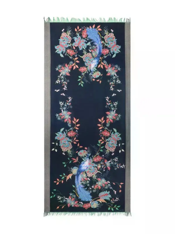 Etro Peacocks-print Wool Scarf - Blue