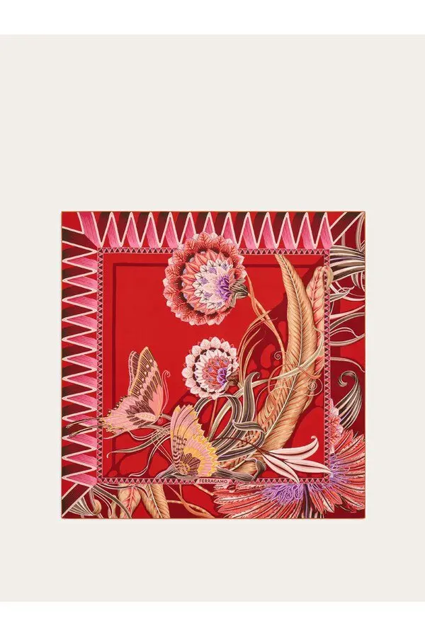 FERRAGAMO Flowers And Butterflies Print Silk Scarf - Red