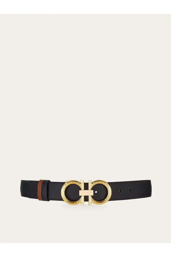 FERRAGAMO Reversible And Adjustable Belt With Hammered Gancini - Black