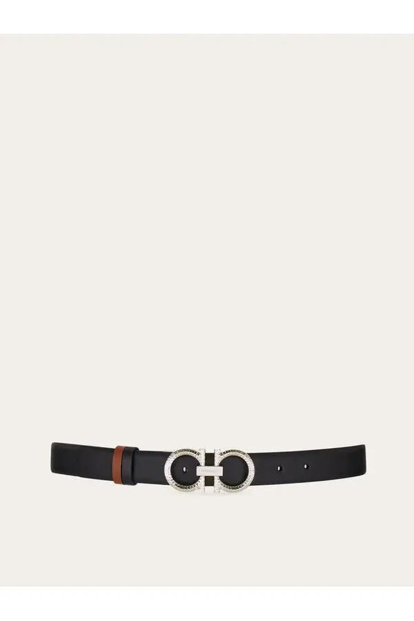 FERRAGAMO Reversible And Adjustable Belt With Hammered Gancini - Black