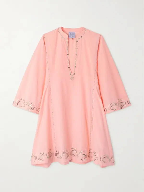 Thierry Colson Rachel Embellished Embroidered Cotton And Silk-blend Coverup - Pink