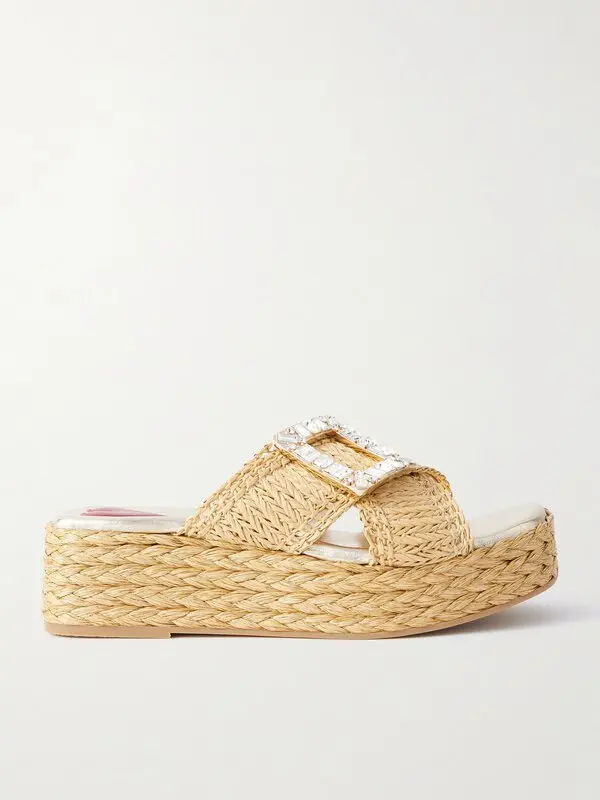 ROGER VIVIER 60 Embellished Raffia Platform Mules - Neutrals