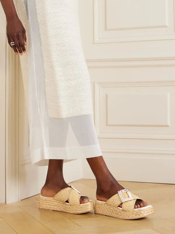 ROGER VIVIER 60 Embellished Raffia Platform Mules