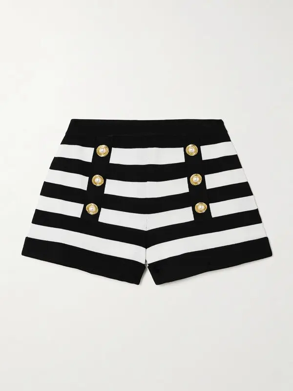 Balmain Faux Pearl-embellished Striped Knitted Shorts