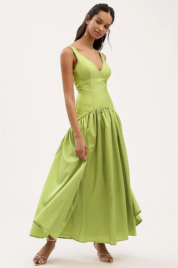 HUTCH Gabriella V-neck Drop-waist Maxi Dress - Lime Green
