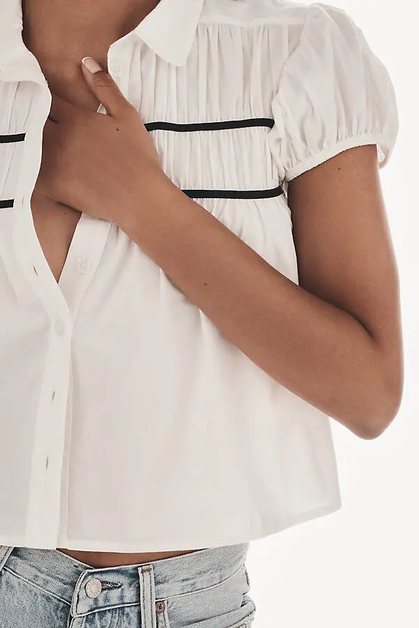 Maeve Leandra Cap-sleeve Shirred Yoke Blouse