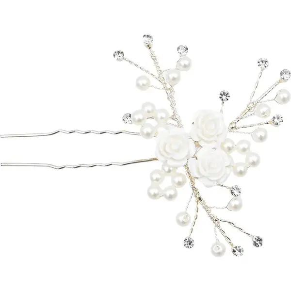 TULLEEN Rhinestone Pearl Rose Hair Pin - Silver