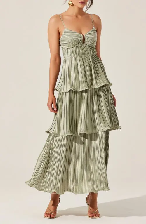 Astr The Label Lupin Plissé Sleeveless Tiered Maxi Dress - Sage