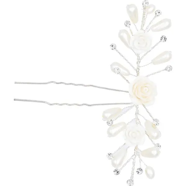 TULLEEN Rhinestone, Pearl, And Rose Hair Pin - Silver