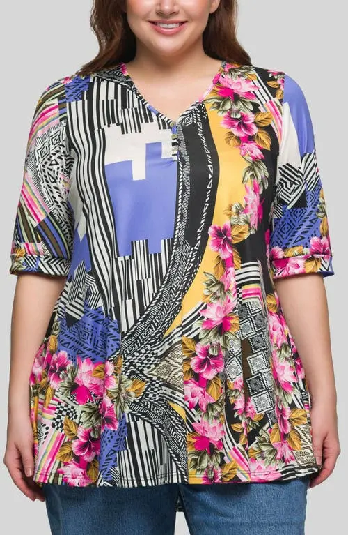 24SEVEN COMFORT APPAREL Mix Print V-neck Tunic Top - Blue Multi