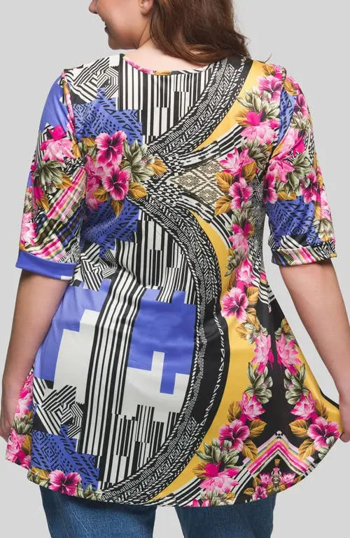 24SEVEN COMFORT APPAREL Mix Print V-neck Tunic Top