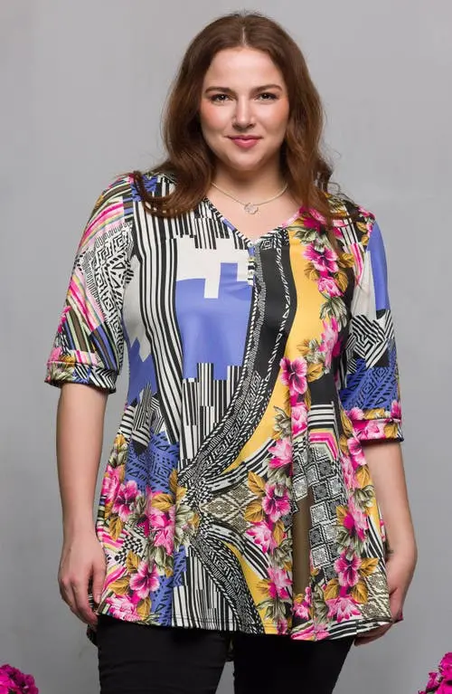 24SEVEN COMFORT APPAREL Mix Print V-neck Tunic Top