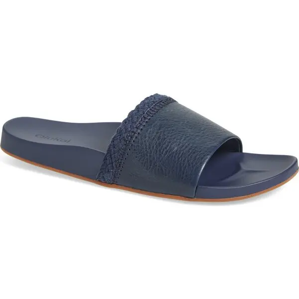Olukai Pākea Leather Slide Sandal - Mood Indigo / Mood Indigo