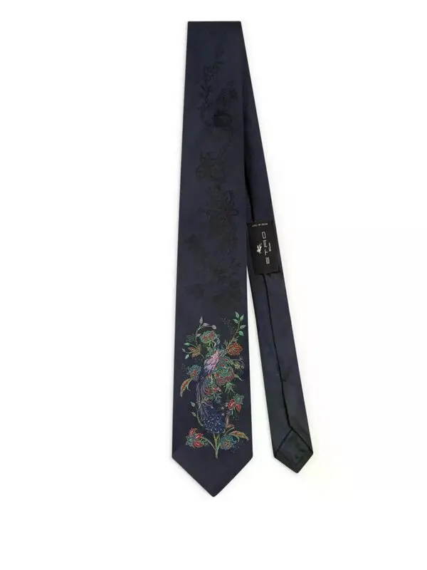 Etro Peacock Embroidered Neck Tie - Black