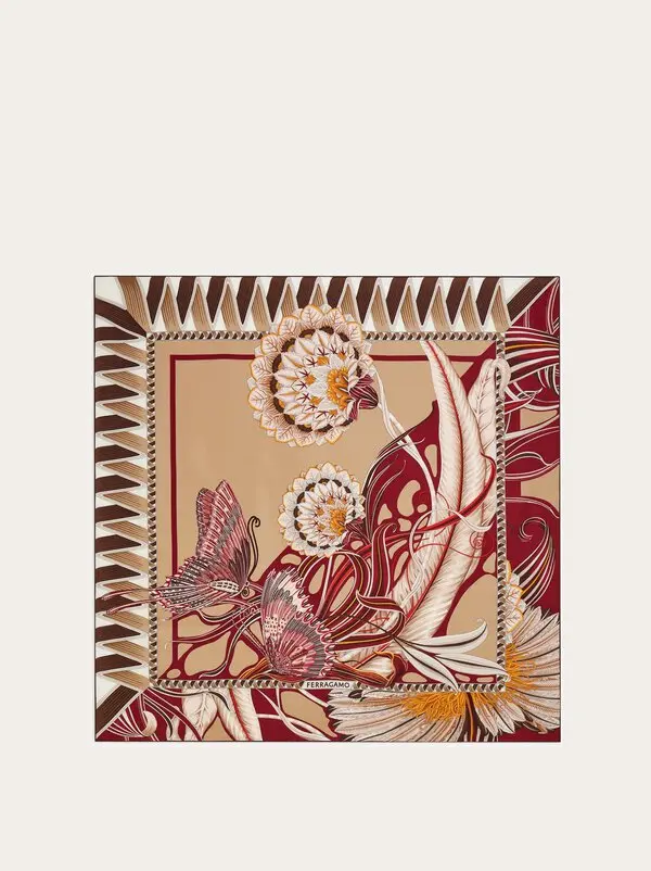 FERRAGAMO Flowers And Butterflies Print Silk Scarf - Beige