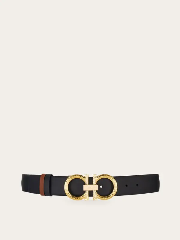 FERRAGAMO Reversible Belt With Hammered Gancini - Black