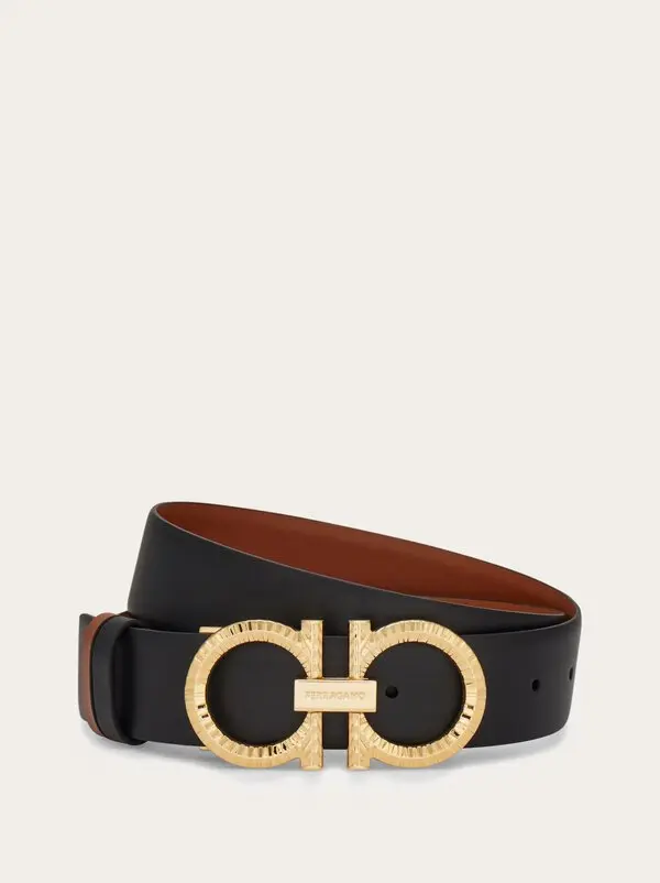 FERRAGAMO Reversible Belt With Hammered Gancini - Black