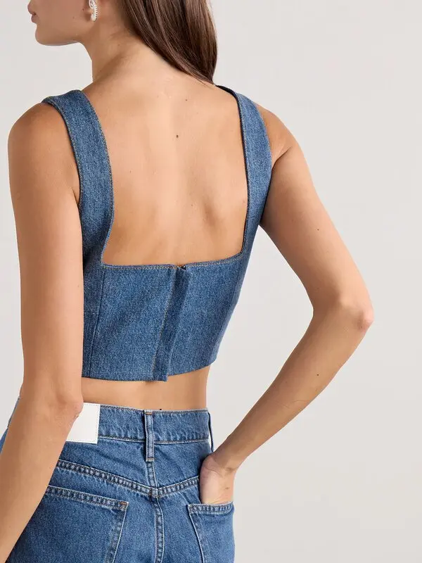 Adam Lippes Quinn Button-embellished Cropped Denim Top