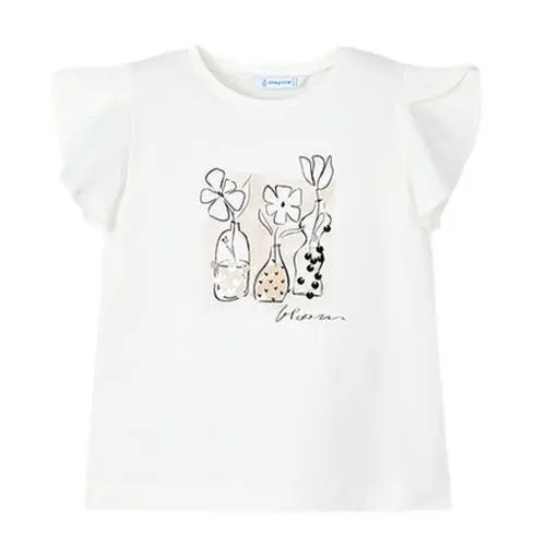 MAYORAL Flower Appliqué T-shirt With Ruffle - Natural