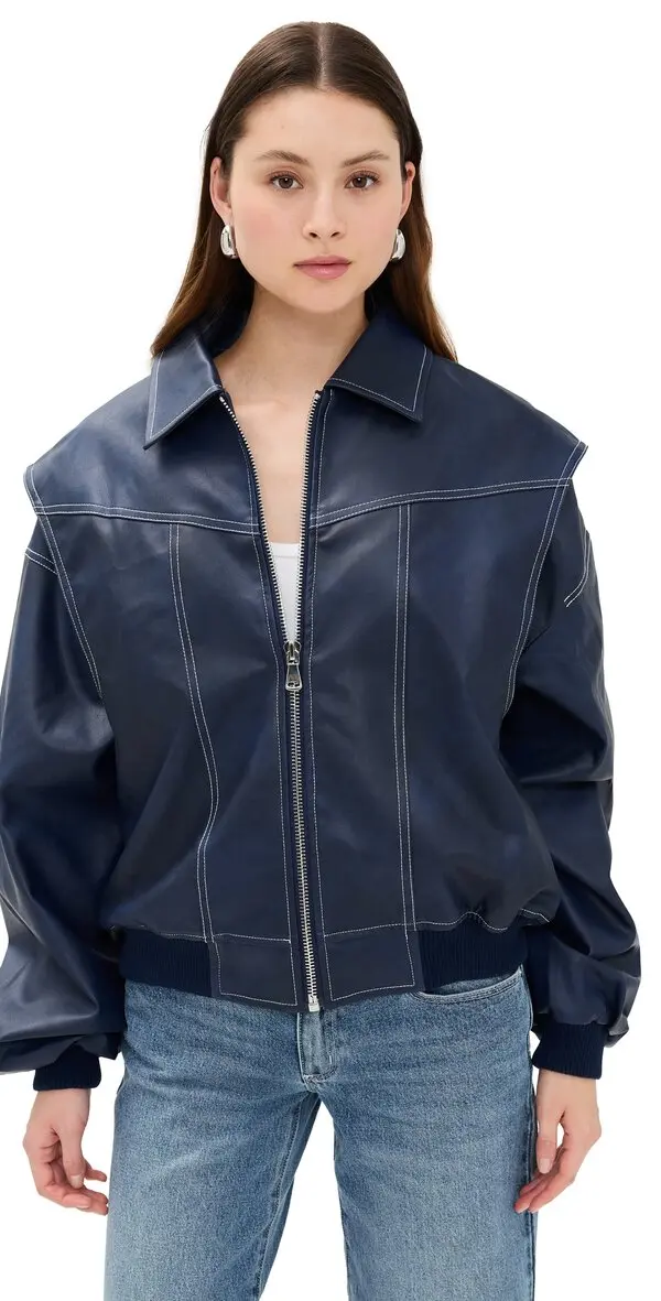 Lioness Faux Leather Bomber Jacket Navy 50% Off Editorialist