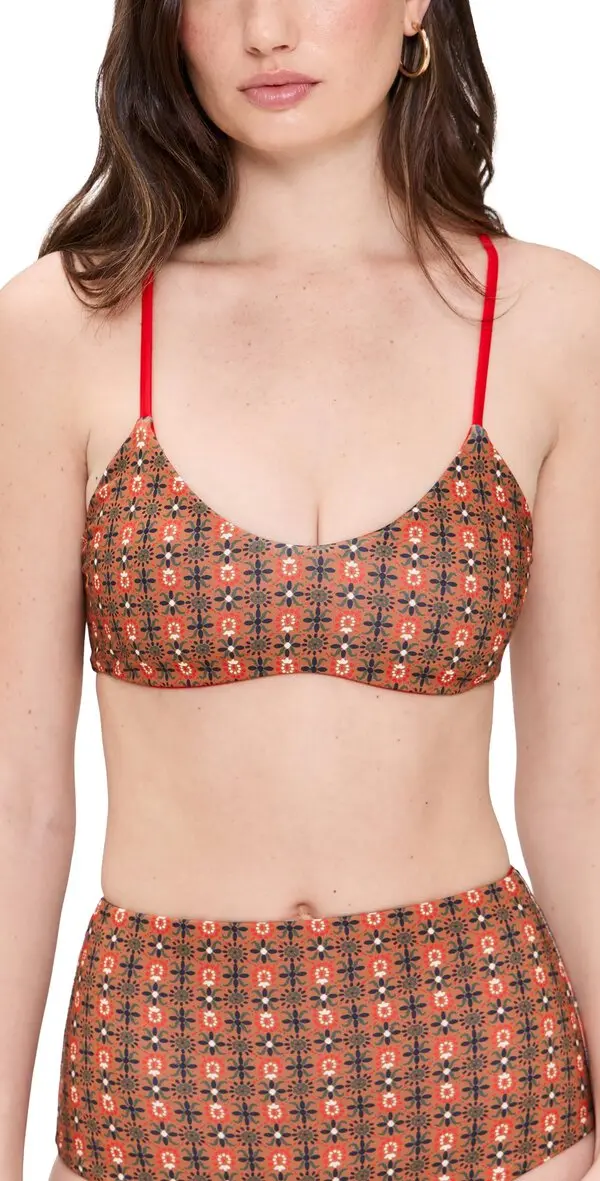The Great. Reversible Bikini Top - Rust Tile Print/hot Red