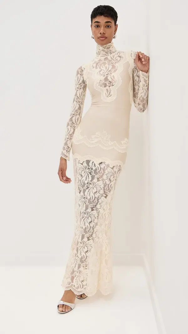 Rabanne Long Dress In Lace And Jersey - Ivory