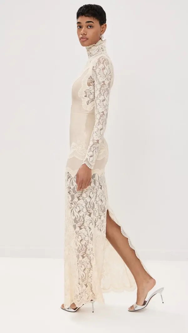Rabanne Long Dress In Lace And Jersey - Ivory