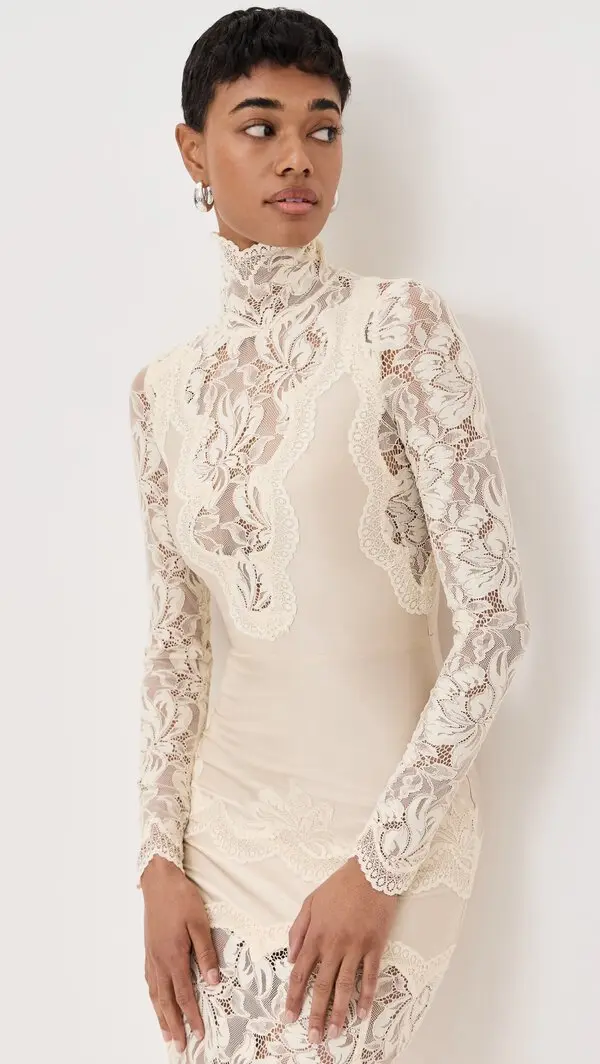 Rabanne Long Dress In Lace And Jersey - Ivory