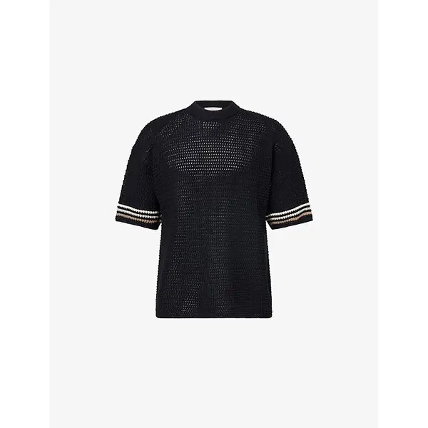 THE COUTURE CLUB Crochet Striped Knitted Top - Black