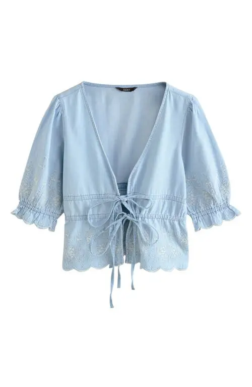 NEXT Embroidered Puff Sleeve Tie-front Top - Blue