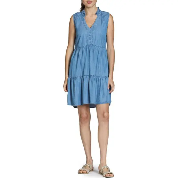 APNY Sleeveless Tiered Lyocell Dress - Light Indigo