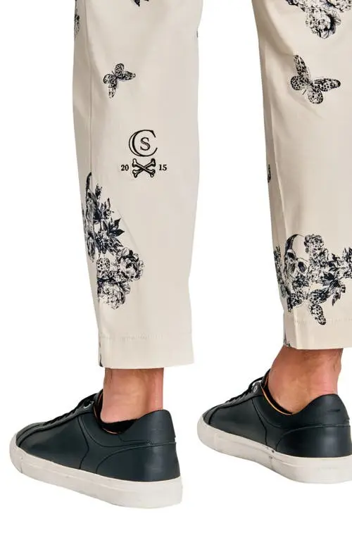 CON.STRUCT Slim Fit Floral Skull Print Pleated Trousers