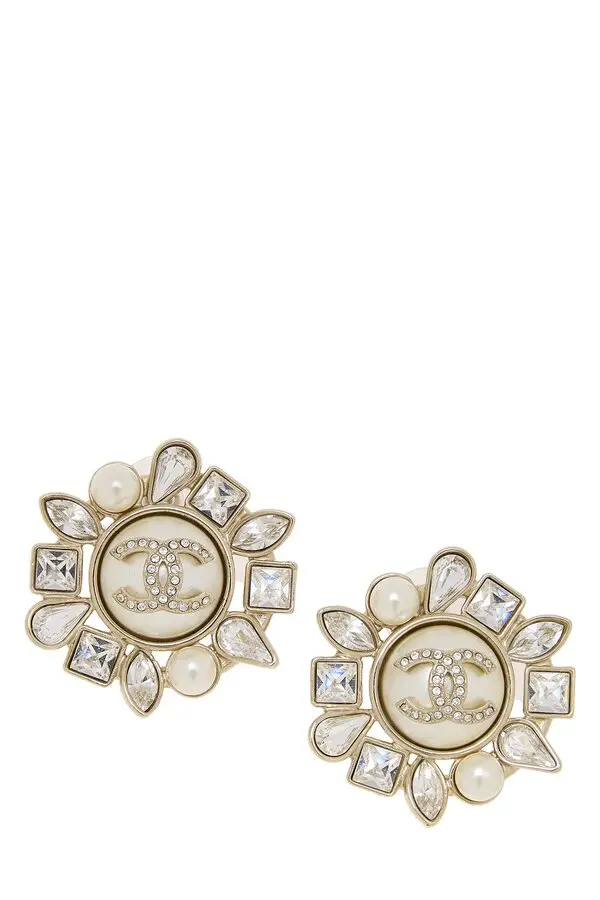 Chanel Faux Pearl And Crystal 'cc' Earrings - Gold