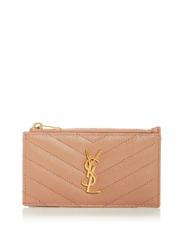 Saint Laurent Cassandre Matelasse Fragments Zipped Card Case - Vintage Peach Grain Leather/gold