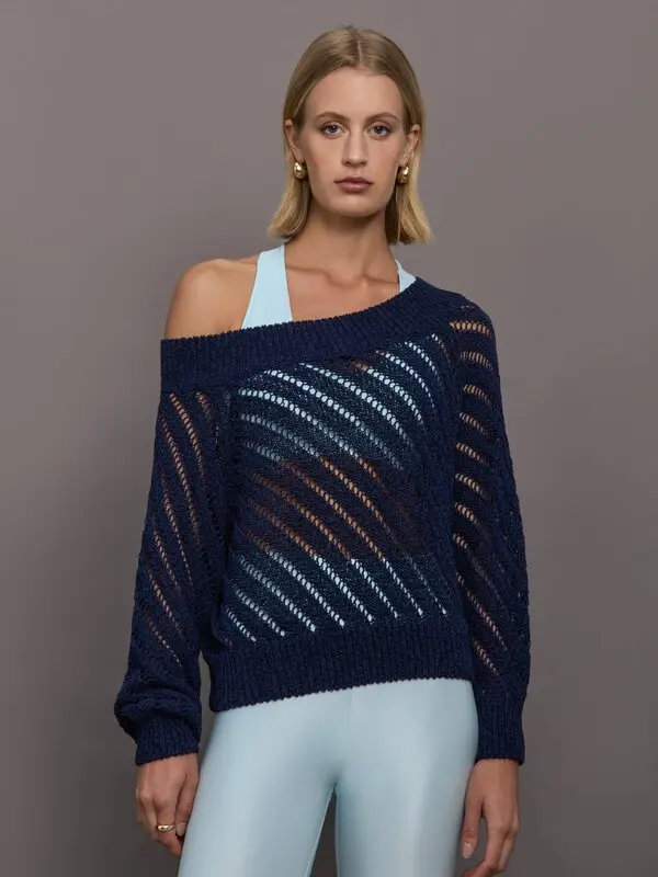 Carbon38 Open Knit Off Shoulder Sweater - Navy