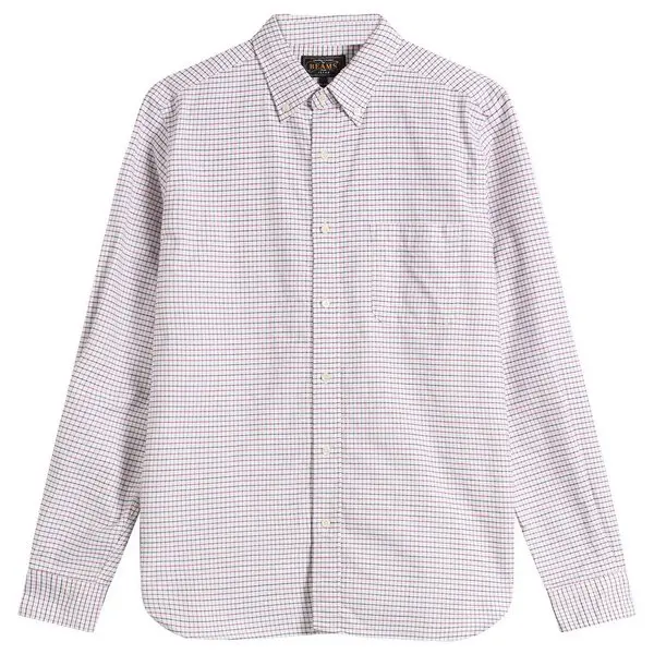 BEAMS Tattersall Check Button Down Oxford Shirt - White/red/navy