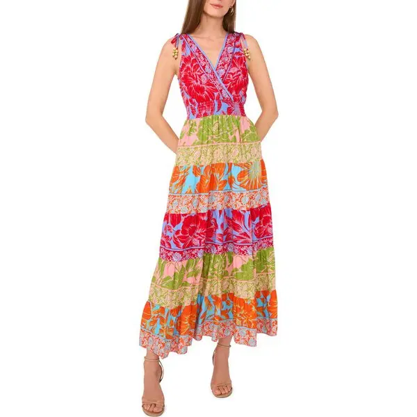 Vince Camuto Print Beaded Tiered Maxi Dress - Shell Pink